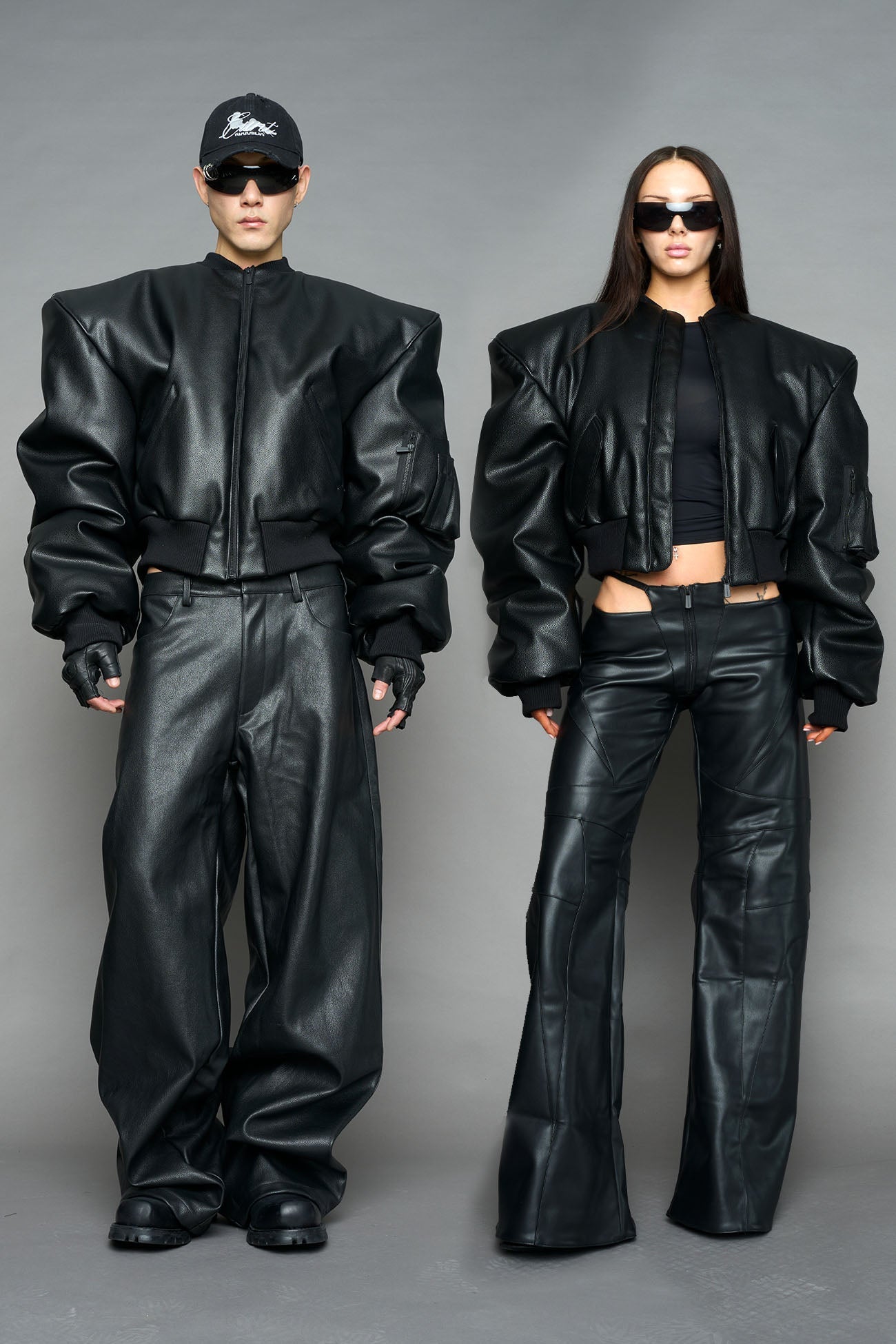 Leather Power Shoulder Bomber Jacket